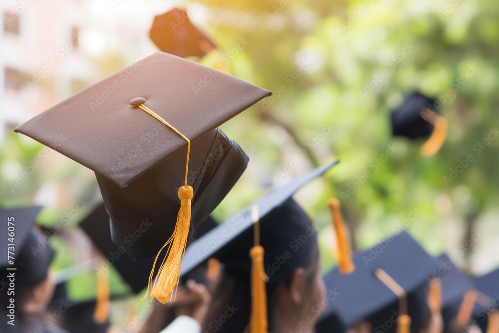 College graduated students throwing their caps up in the sky ...