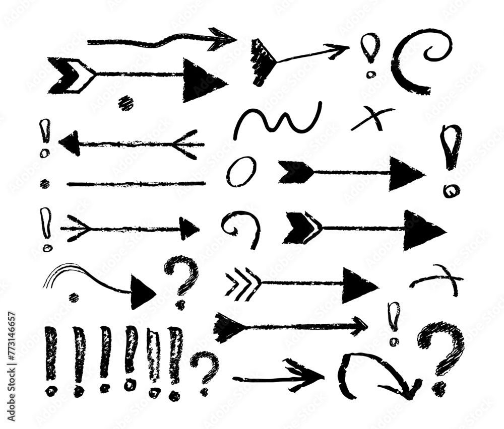 Set of Hand drawn black chalk coal arrows, punctuation marks, question ...