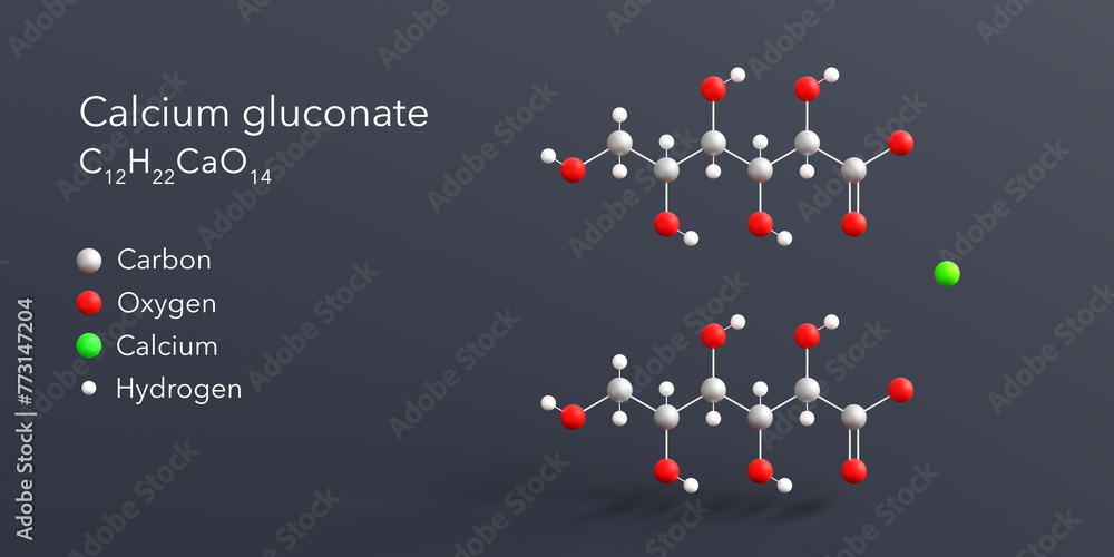 calcium gluconate molecule 3d rendering, flat molecular structure with ...