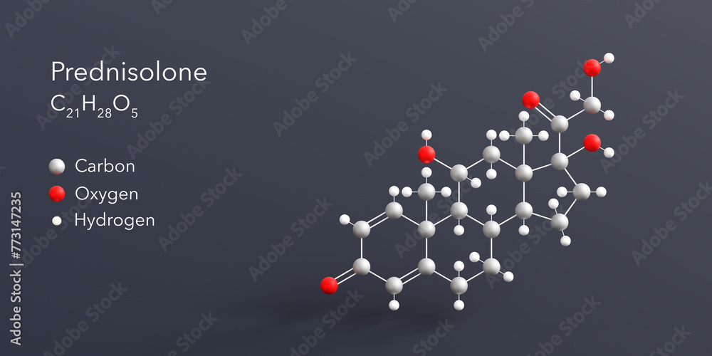prednisolone molecule 3d rendering, flat molecular structure with ...