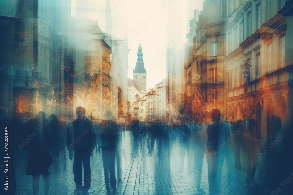 Double exposure photo, People walking in the street in Prague Czech ...