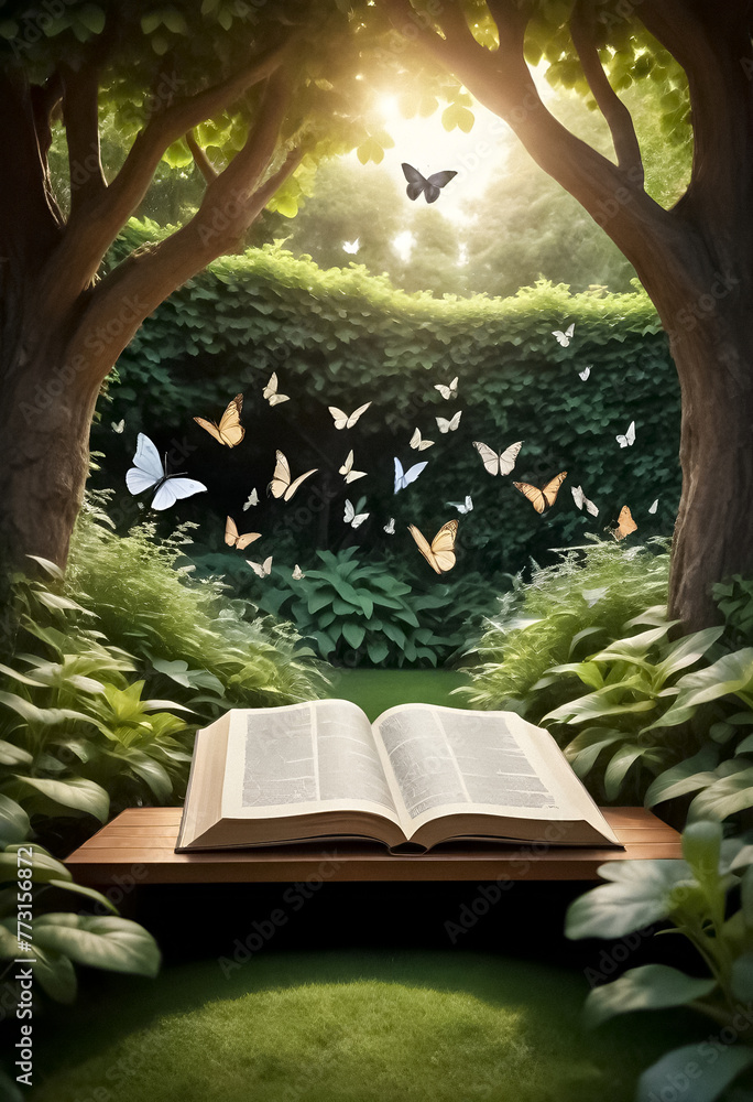 open book in the forest with butterflies flying around it Stock ...