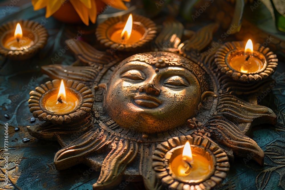 Bronze Sun Face With Lit Diyas Evoking Serenity And Tradition, Perfect ...