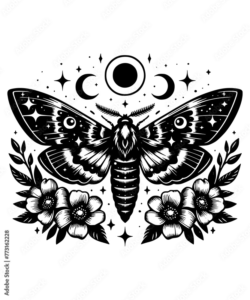 Black moth illustration in all black vector style, celestial moth with ...
