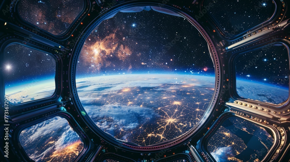 Cupola porthole on space station. ISS window. International space ...