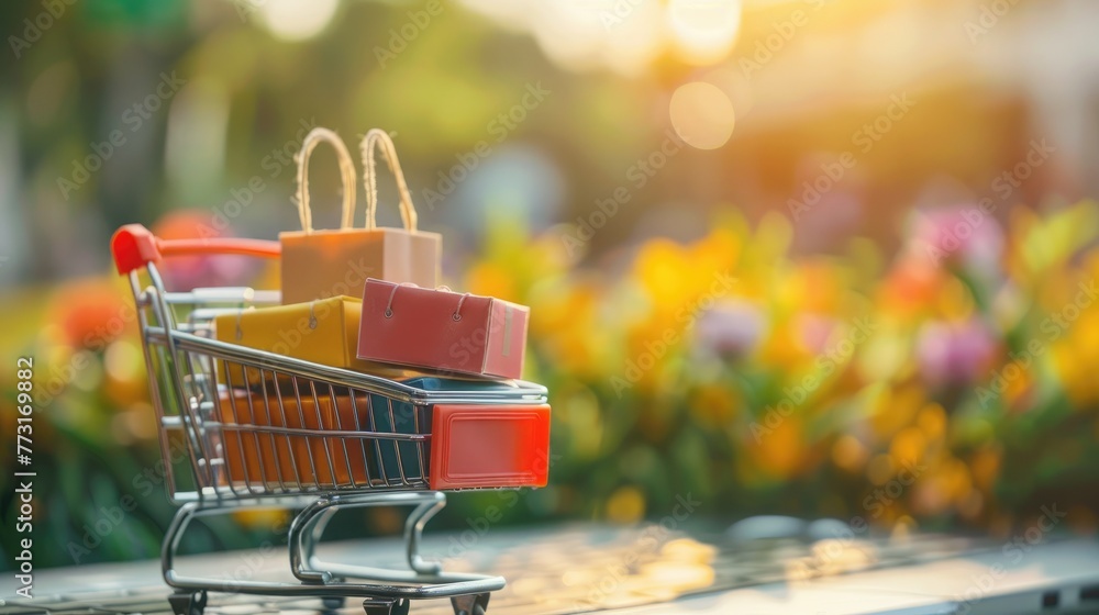 Product package boxes in cart with a shopping bag and laptop computer ...
