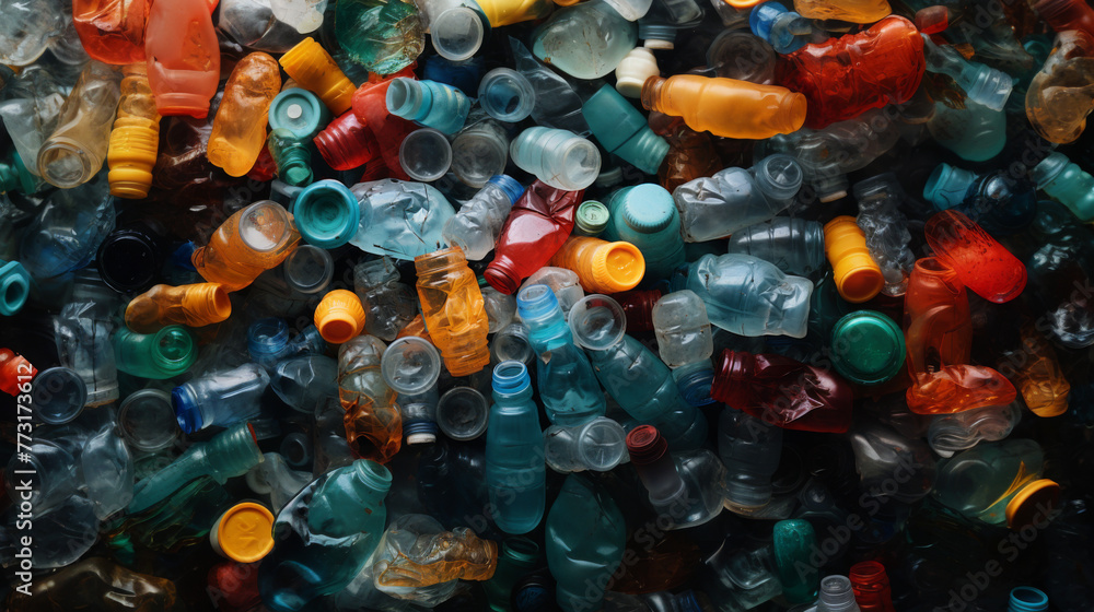 variety of discarded plastic bottles with colorful caps and labels are ...