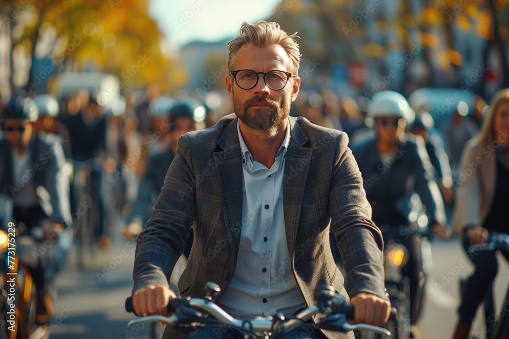 A group of office workers in suits ride bicycles together on dedicated ...