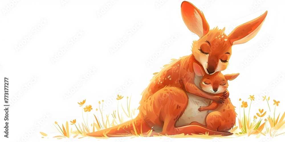 A loving mother kangaroo character carefully holding her adorable joey ...