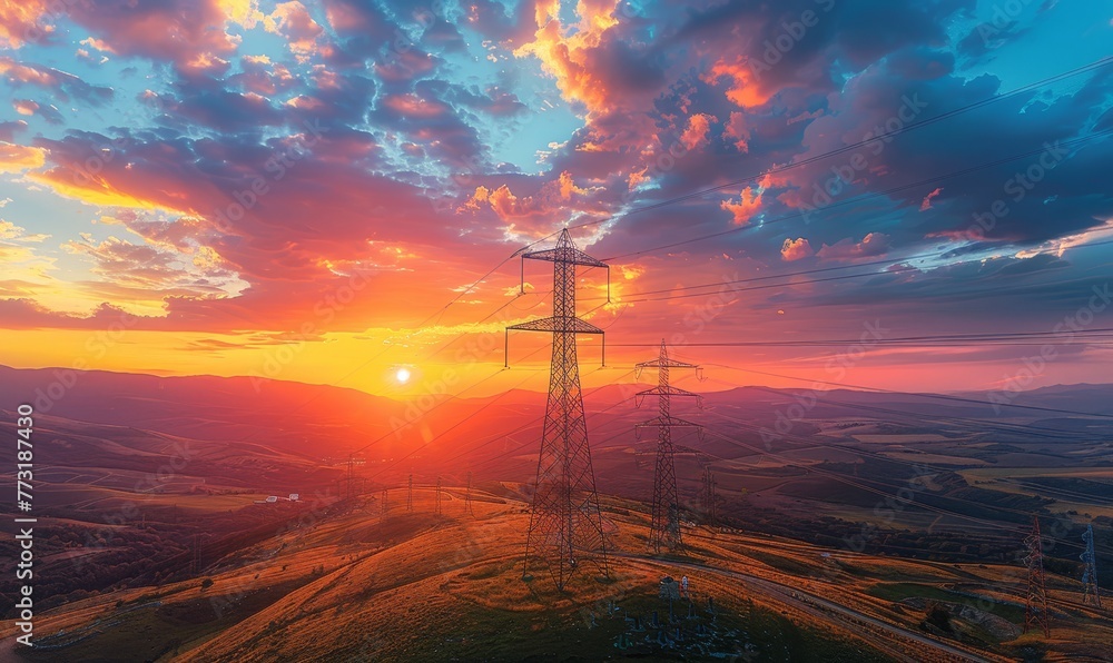 Electricity transmission towers, sunset, beautiful, twilight, a ...