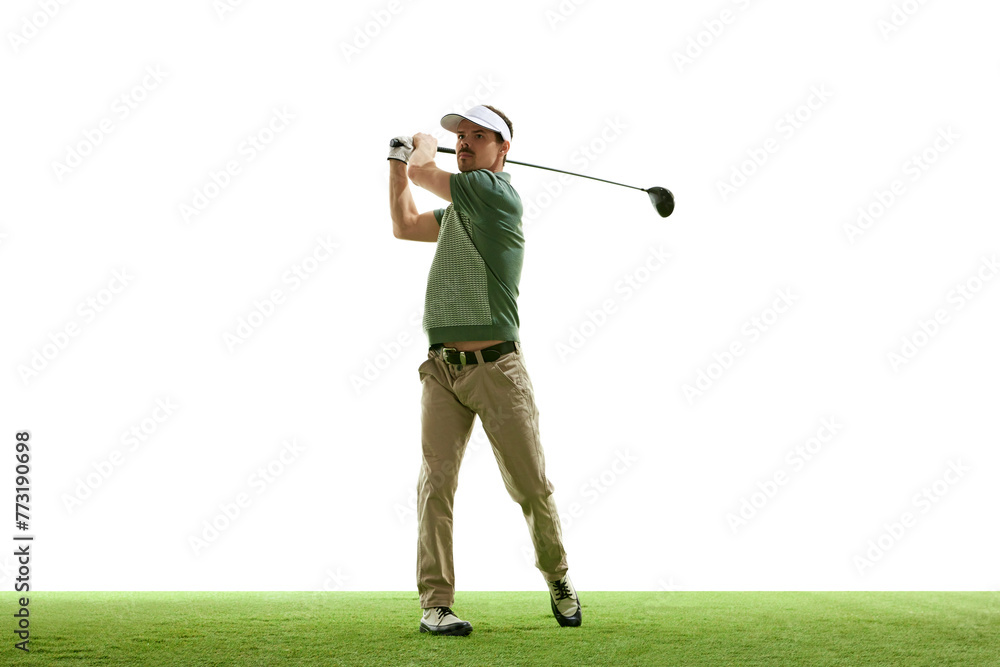 Full-body portrait of male golfer, skilled golf player performing tee ...
