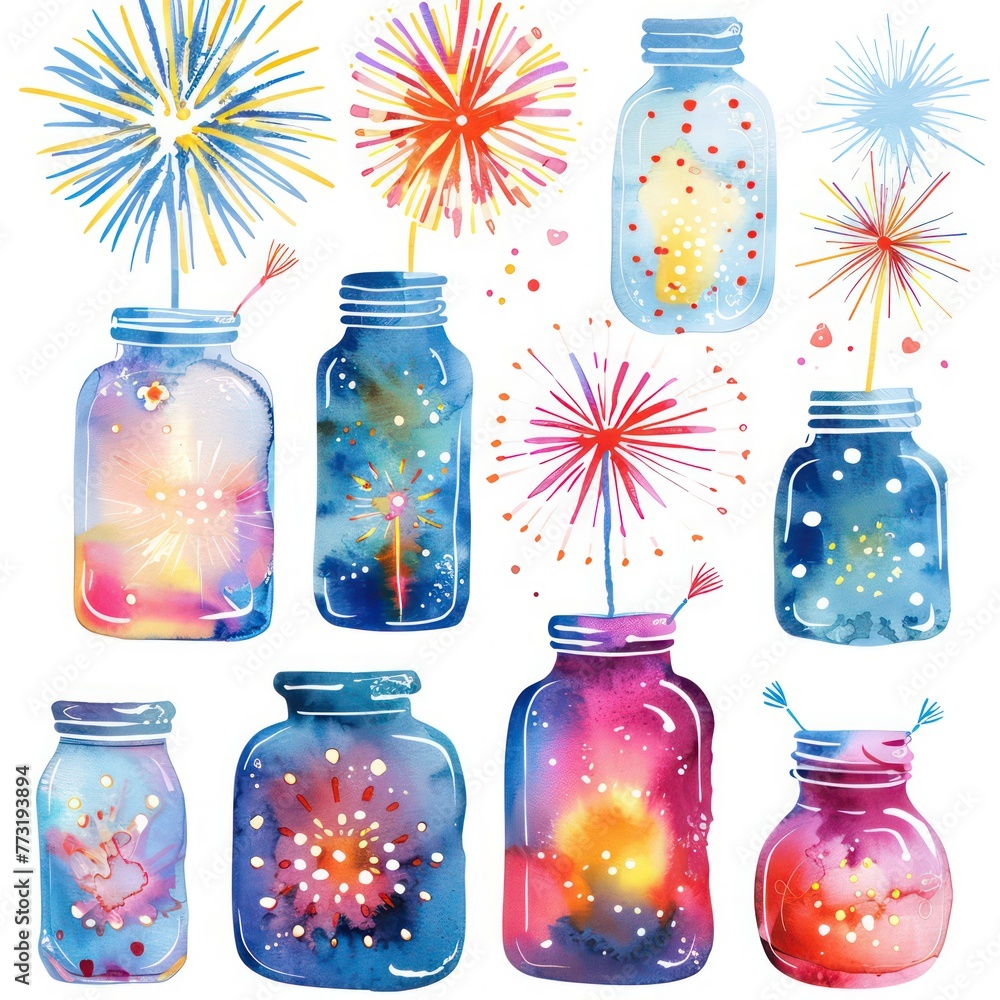 A collection of watercolor fireworks in a jar clipart representing ...
