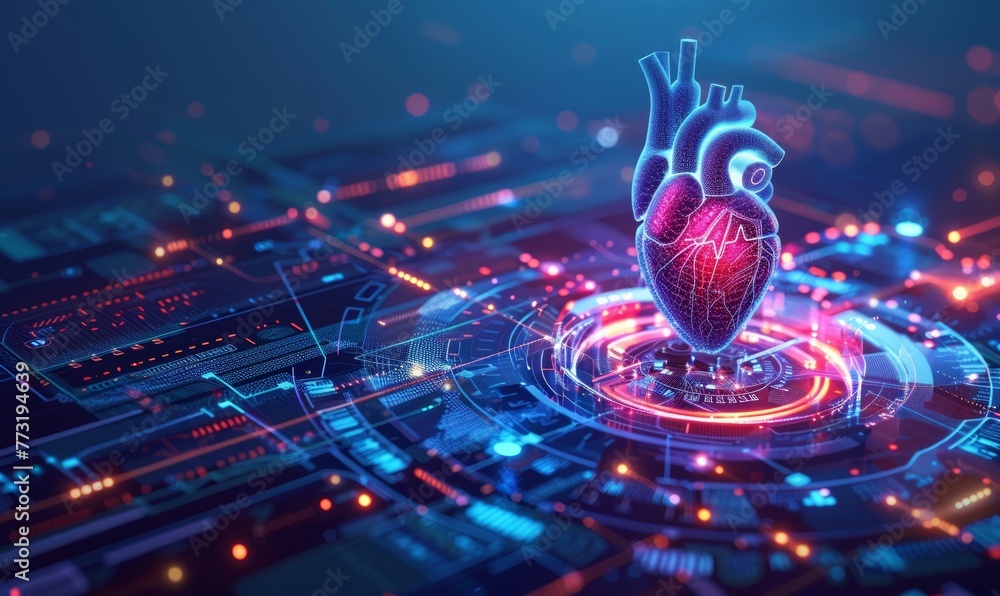 A digital representation of a human heart in a high-tech interface ...