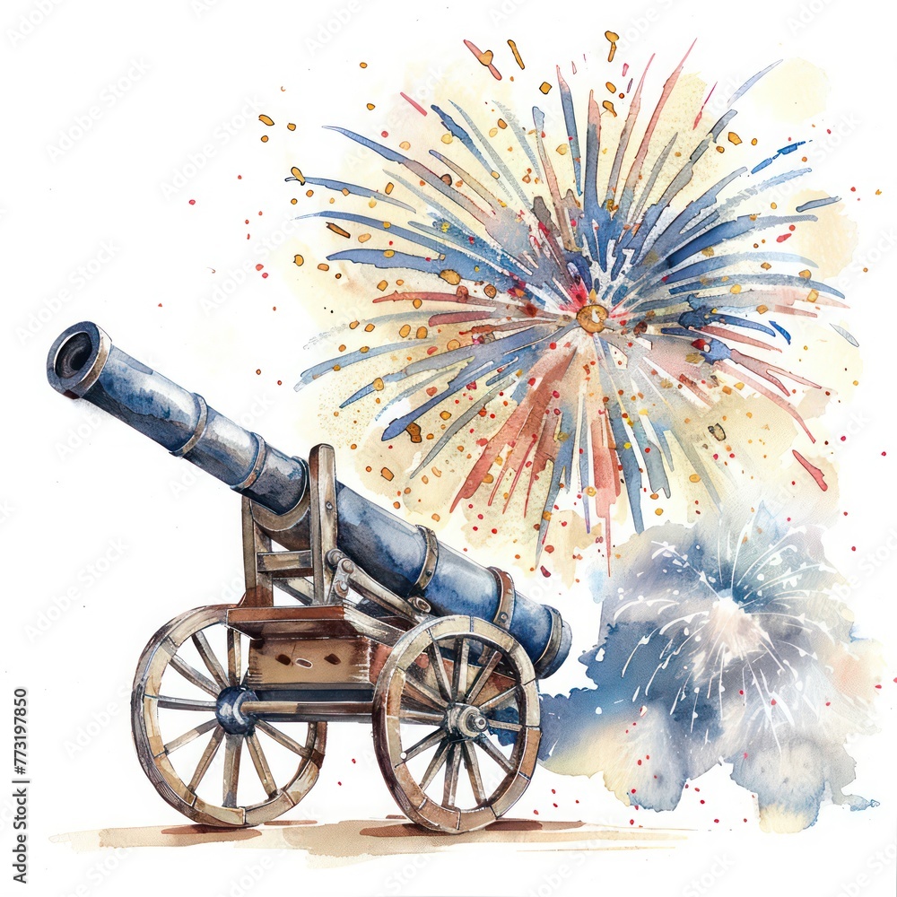 Watercolor illustration of a vintage cannon with fireworks echoing past ...