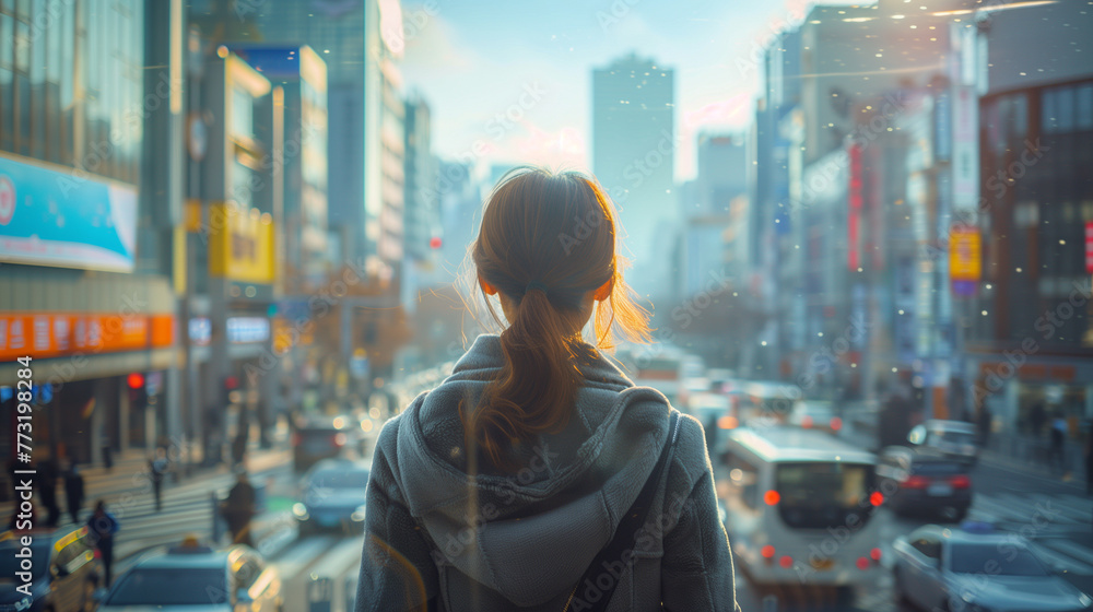 At a bustling city intersection, a young woman's rear view captures the ...