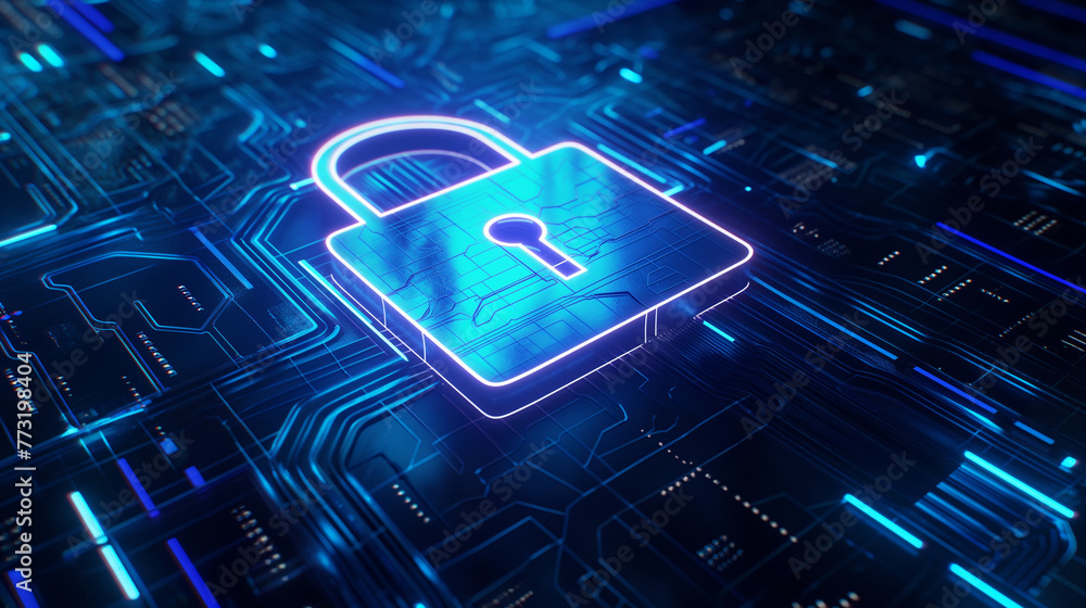 A luminous neon-blue lock symbol in a dark AI integrated circuit board ...