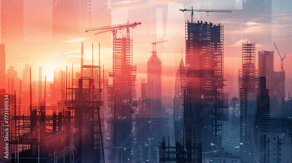 A bustling cityscape with high-rise buildings at various stages of ...