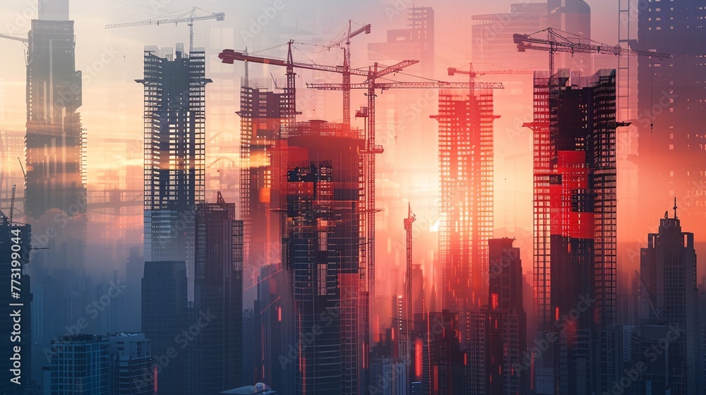 A bustling cityscape with high-rise buildings at various stages of ...