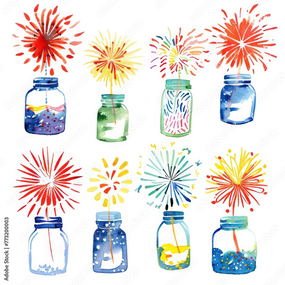 A collection of watercolor fireworks in a jar clipart representing ...