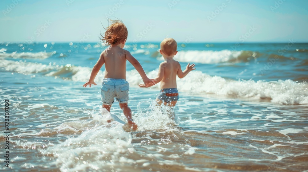 Two happy siblings playing together on the beach at daytime. Concept of ...