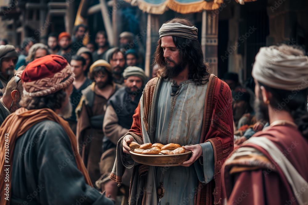 Foto de Jesus Christ feeding crowd of five thousand people with loaves ...