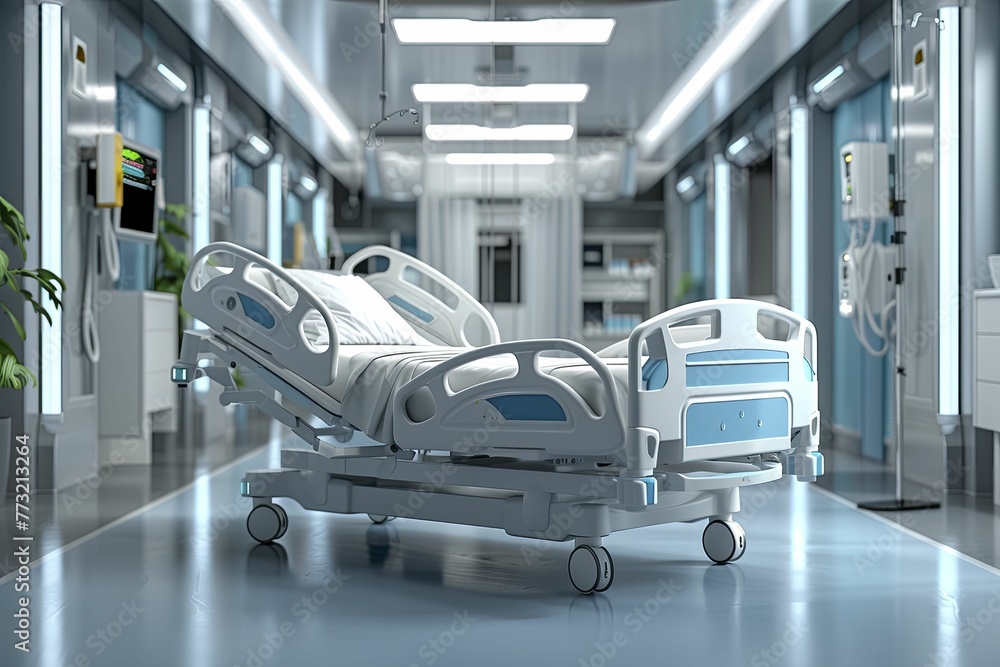 Minimalistic design of a hospital bed with industrial elements, on a ...