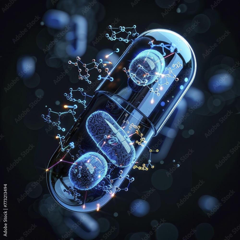Silhouette of a pill capsule releasing nanobots for internal repair, on ...