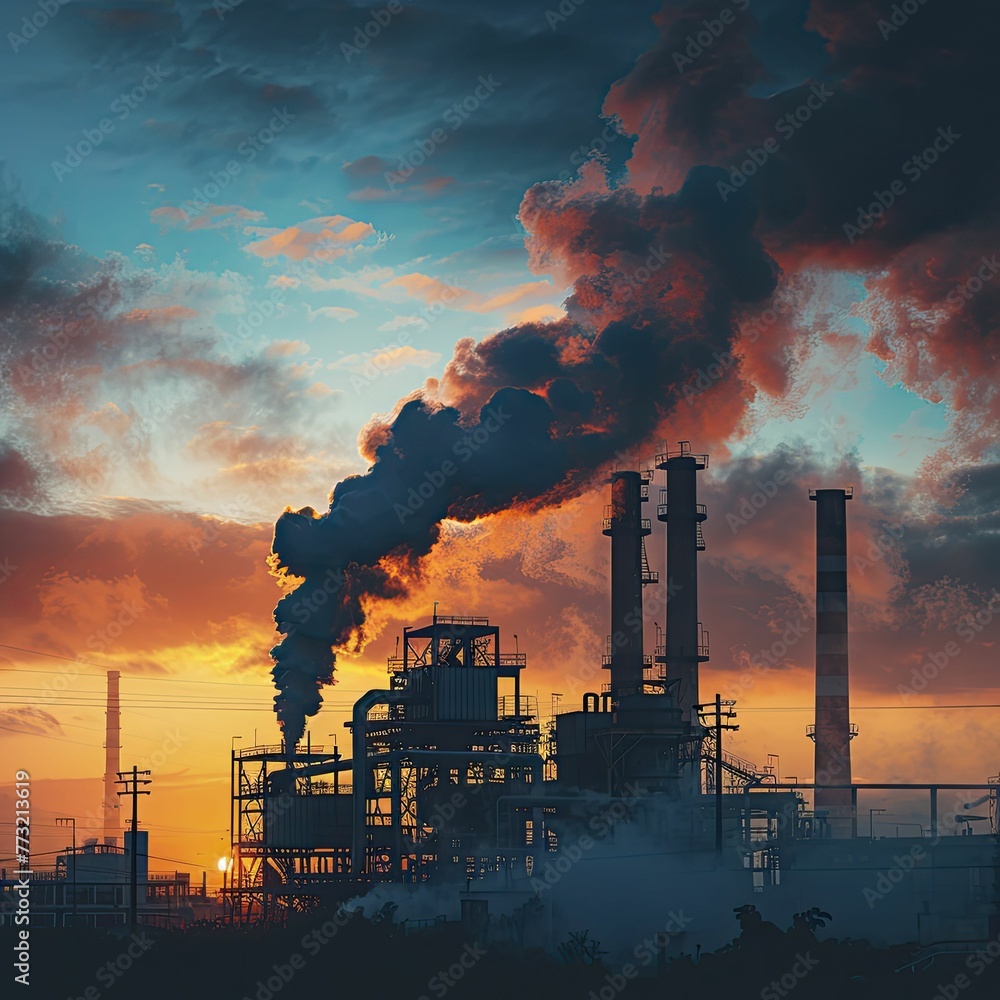 Innovative air purification system silhouetted against industrial ...