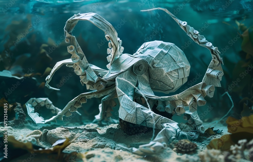 Amidst the realistic undersea world, an origami octopus camouflages ...