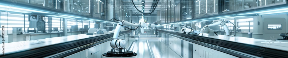 An AI-controlled glass manufacturing plant, with robots handling the ...