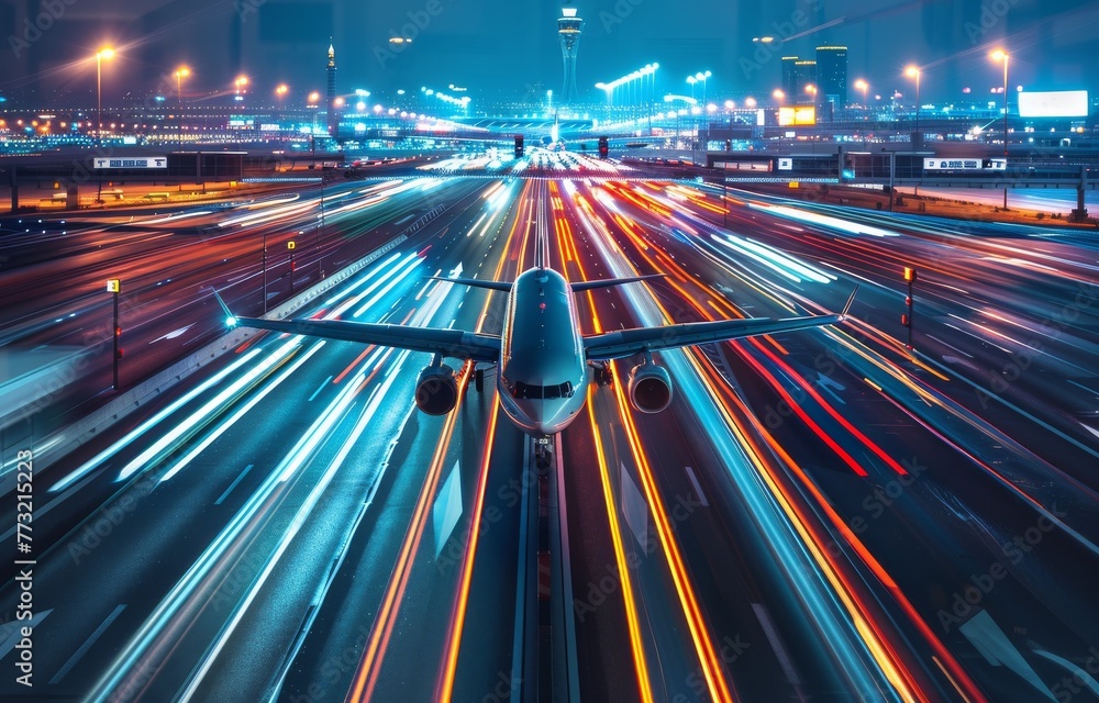 An airport road, with the motion blur of vehicles and aircraft ...