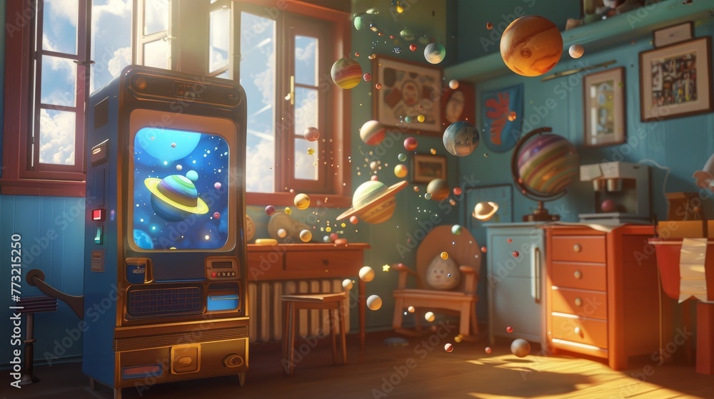 An animated 3D scene of a bubblegum machine dispensing planets and ...