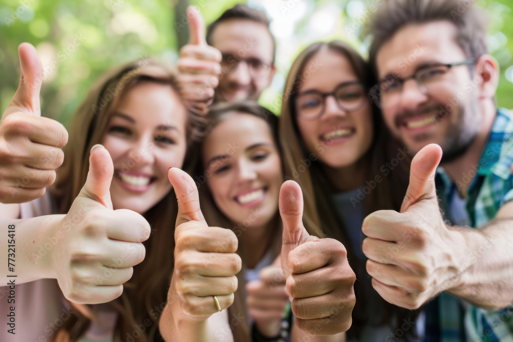 Smiling friends in a park giving thumbs up with a blurred focus ...