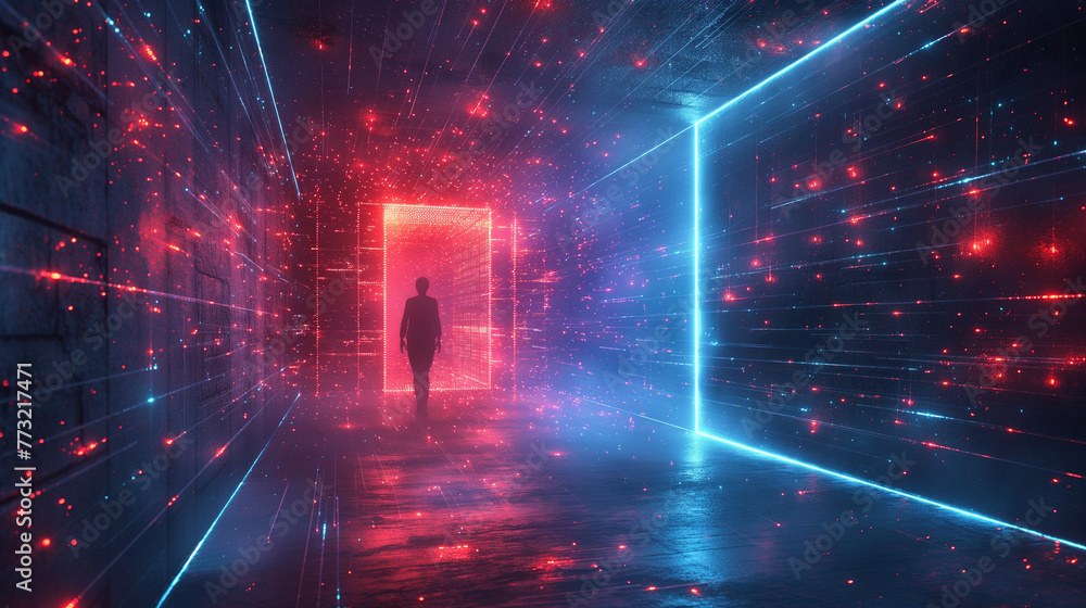 Abstract door in tunnel with digital data center light signals. Future ...