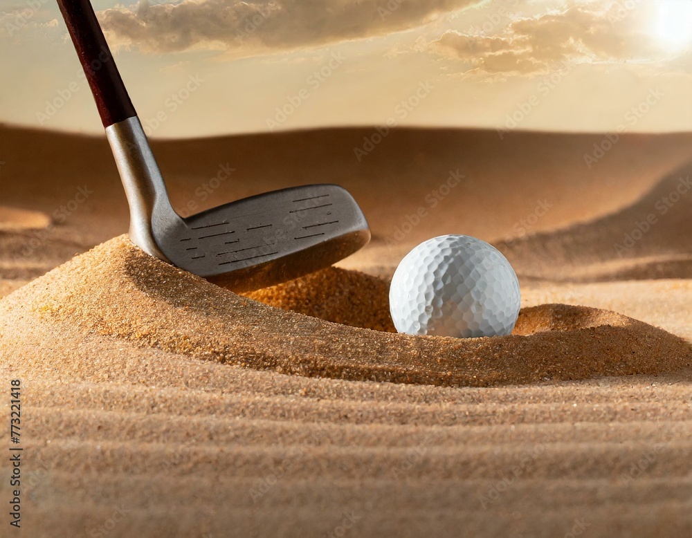 A detailed image of a sand wedge and a golf ball half-buried in a sand ...