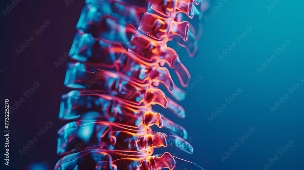 An X-ray of the human spine against a blue background. The neck spine ...