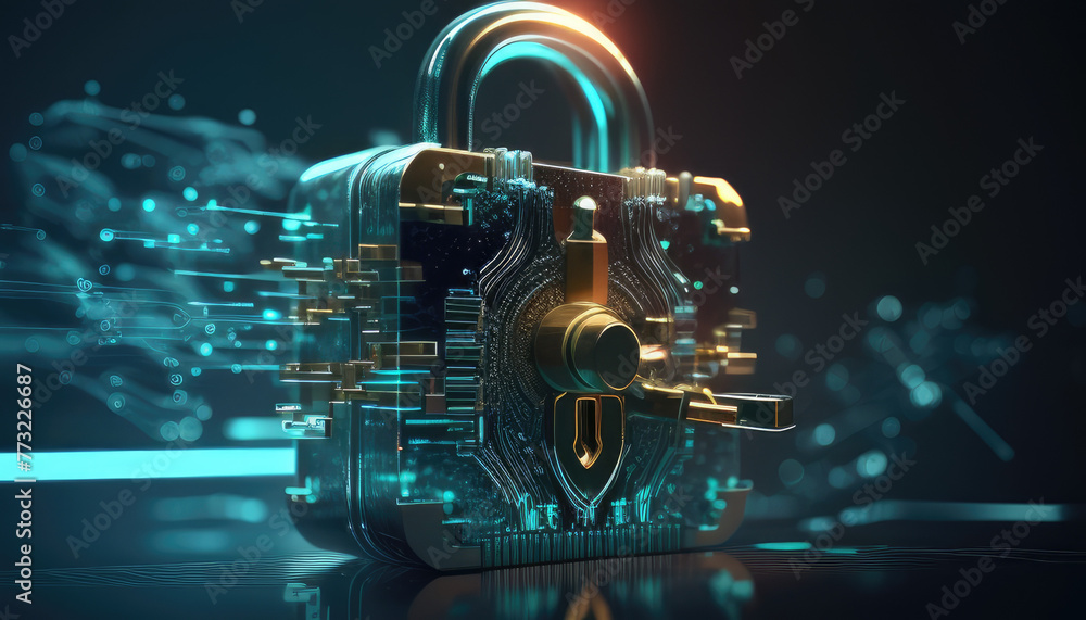 Lock on circuit pattern. Binary code lock, Big data and Cybersecurity service concept of ...