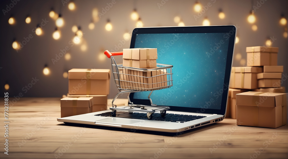 Online shopping concept with cart full of boxes on top of laptop ...