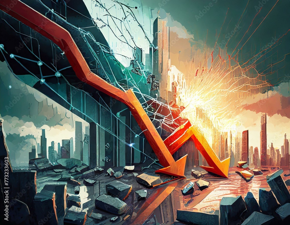 Vivid artwork depicting a dramatic stock market crash in an urban ...