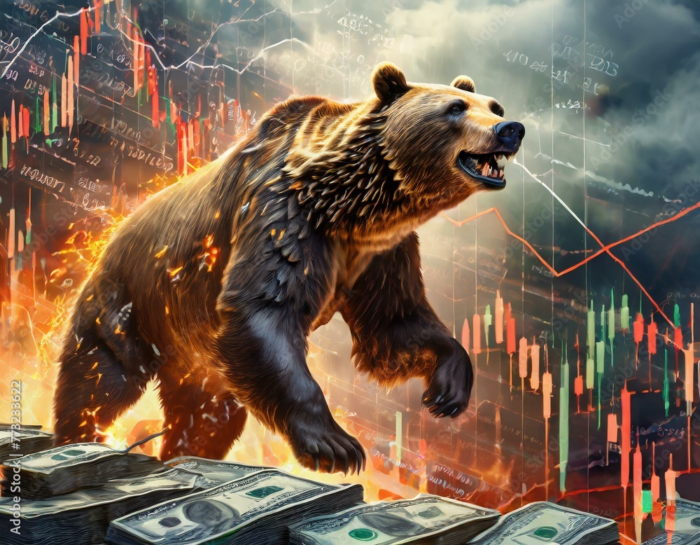 Graphic bear over falling stock market chart, depicting a market ...