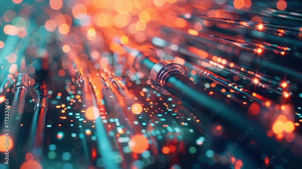 A close-up of network cables against a fiber optical background ...