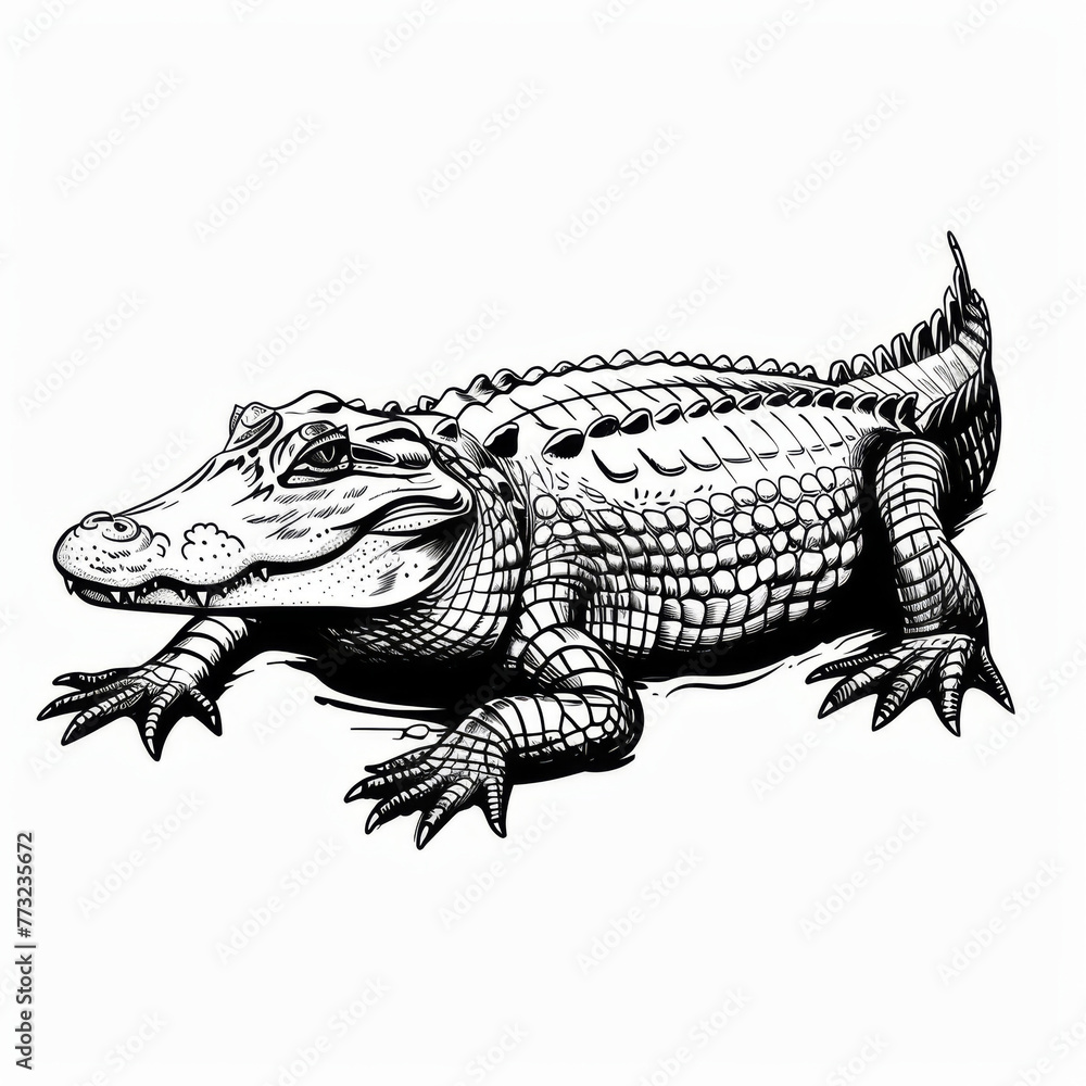 ภาพประกอบสต็อก Black and white ink drawing of a detailed alligator ...