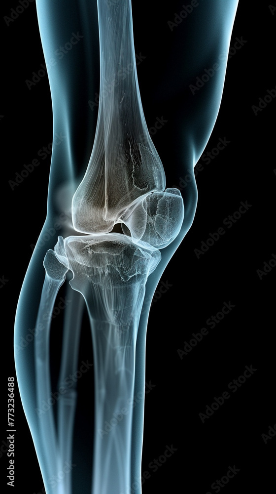 Detailed knee injury Xray, showing ligament tear, high contrast, side ...