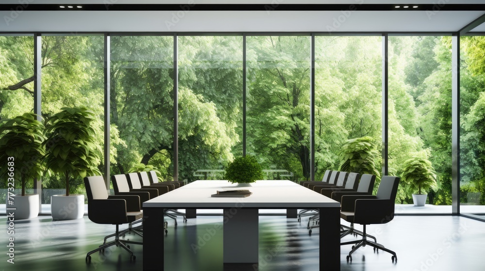 Front view of empty modern conference room with office table and chairs ...
