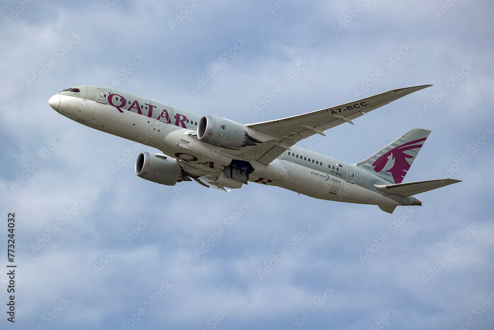 PRAGUE - March 29, 2024: Qatar Airways Boeing 787-8 Dreamliner REG:A7 ...