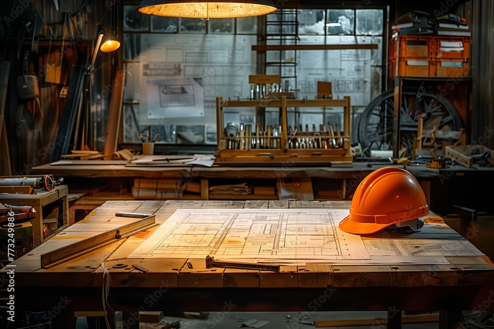 Engineering drawings and safety helmet on workbench foto de Stock ...
