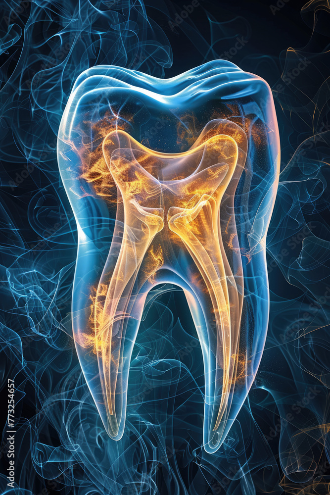 A tooth is shown in a blue and orange color scheme, with the blue ...