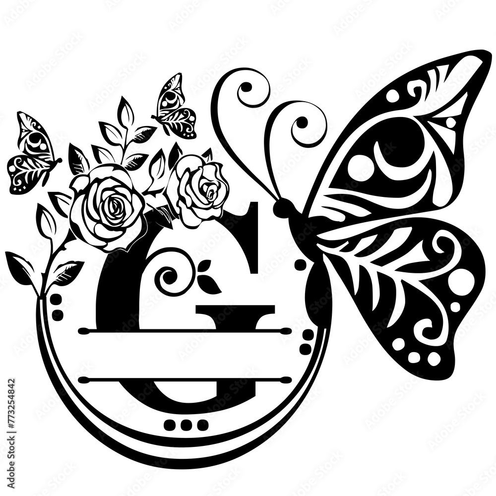 Black handwritten monogram capital letter G decorated with Roses and ...