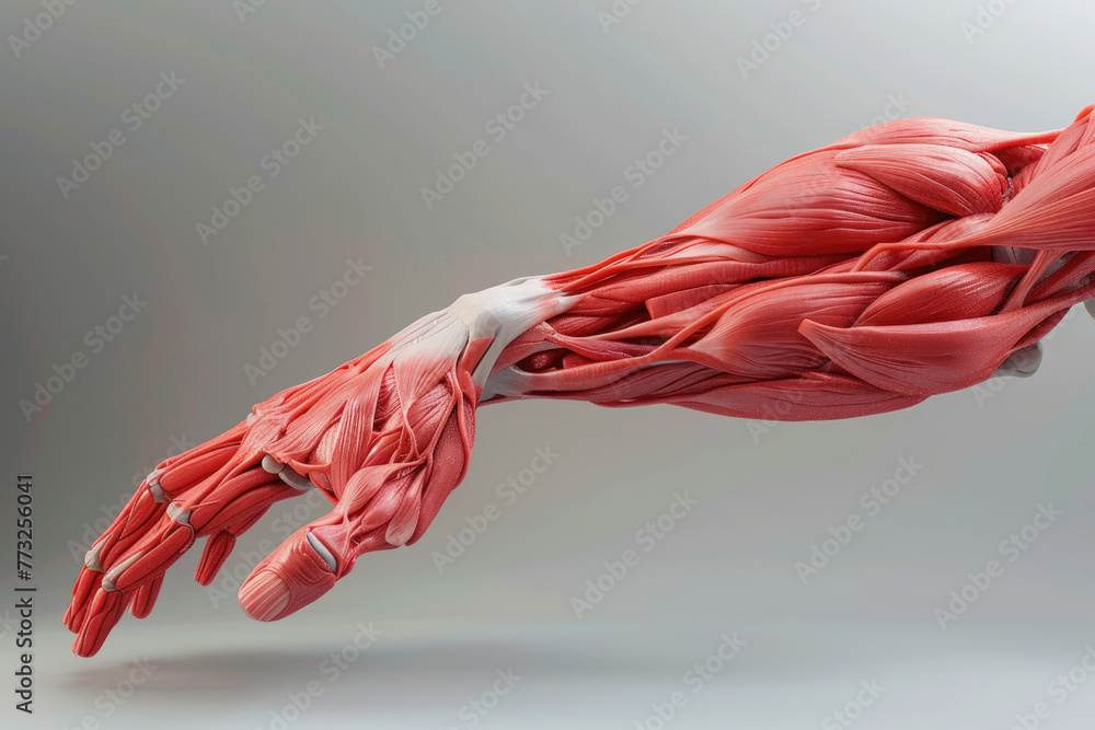 A close up of a muscle with the veins and tendons visible. The image is ...