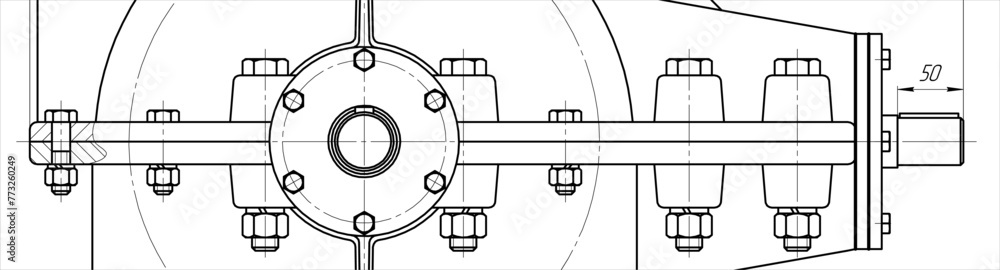 Assembly drawing of reducer. Vector drawing of steel mechanical device ...